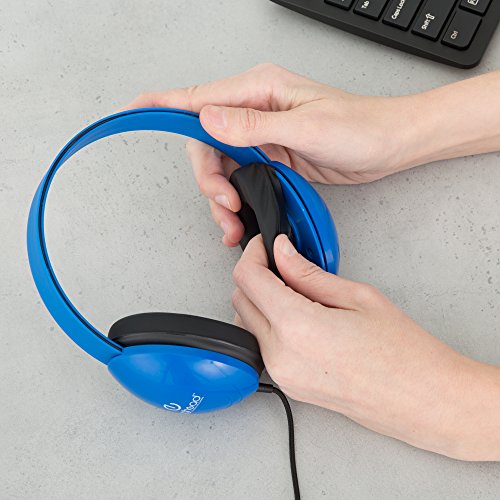 Egghead Heavy-Duty Kids' Headphones w/Tangle-Free Fabric Cord (Pack of 10) Blue, 3.5 mm Plug