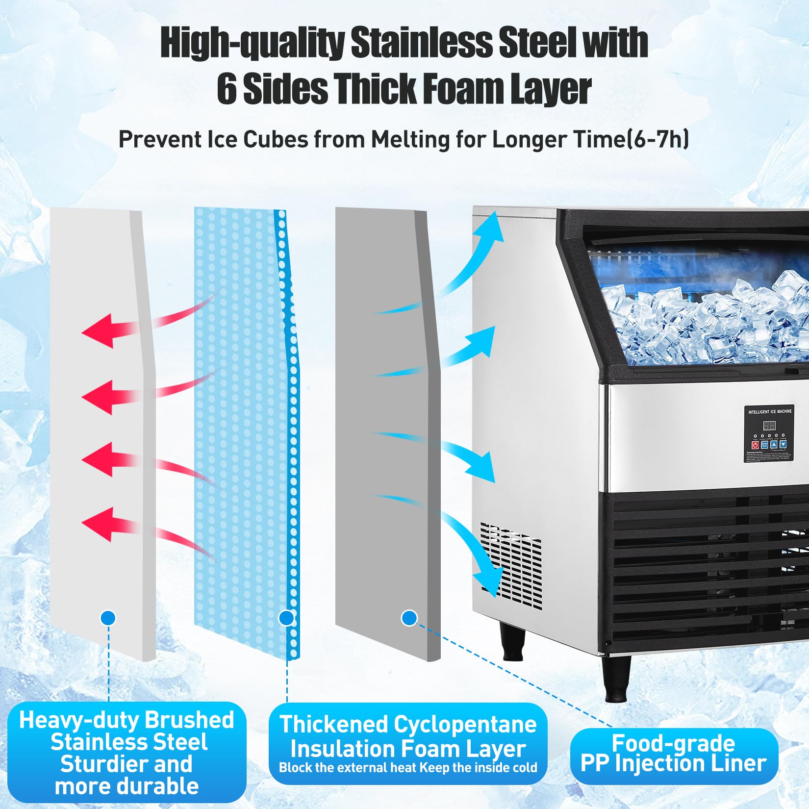 Commercial Ice Maker Machine 300lbs/24H, with 100lbs Ice Storage Capacity, Under Counter Stainless Steel Ice Machine, Self Cleaning, Freestanding Industrial Ice Maker with Ice Scoop, Self-Cleaning