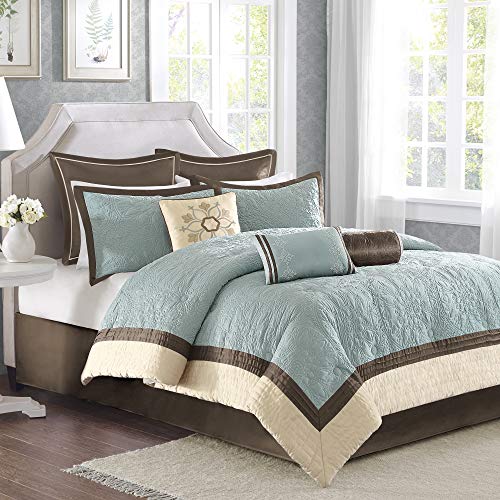 Madison Park Cozy Comforter Set Casual Modern Design All Season, Matching Bed Skirt, Decorative Pillows, King (104 x 92 in), Blue, 9 Piece