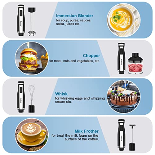 Immersion Hand Blender, 800W Stick Blender, 20 Speed Stainless Steel Immersion Blender, With 27oz Beaker, 17oz Chopping Bowl, Whisk, Frother Attachments, for Soup, Smoothie, Puree, Baby Food, Black