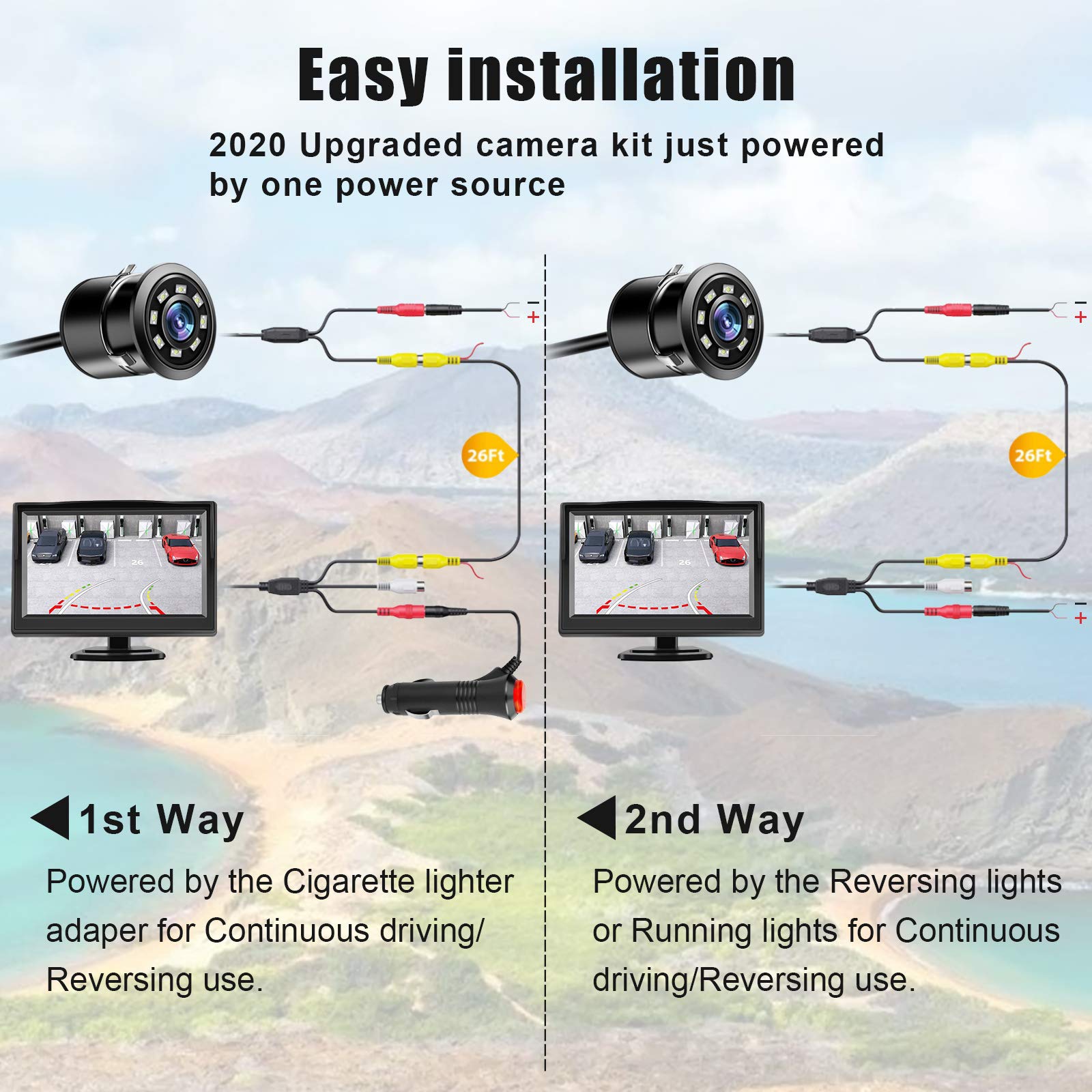 Backup Camera Safety System Kit with Dynamic Trajectory Guide Line, SAMFIWI 4.3in TFT-LCD 720P HD Monitor and Waterproof Rear View Camera Multiple Installation Methods for Trucks/Cars/Pickups (Black)