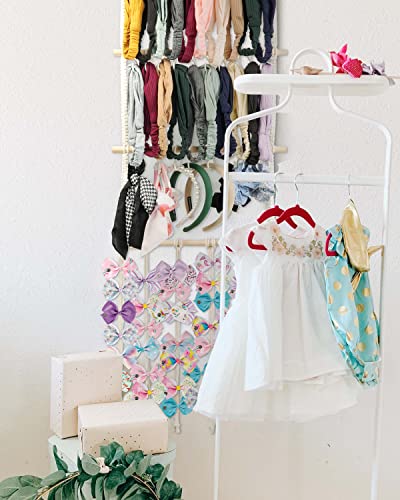 MoHern Headband Bow Holder Organizer for Girls, Baby Hair Bows Hanger with 30 Hooks, Hair Clip Accessories Storage Macrame Rack Boho Wall Hanging Decor for Nursery Room