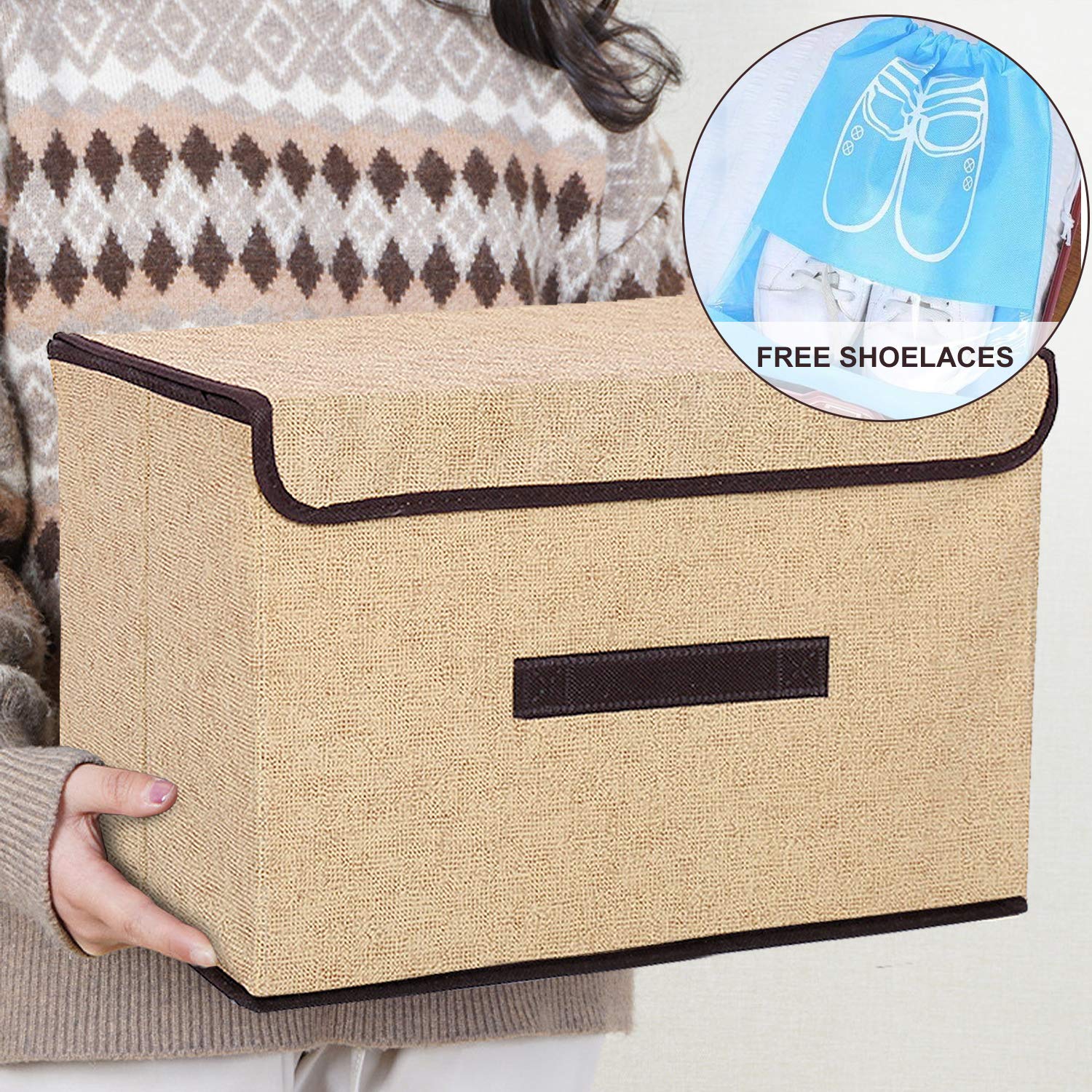Fabric storage boxes and storage boxes, with handles and flip design, large foldable boxes, used to store books, clothes, toys, family bedroom closets, office storage bags. (2 pieces in beige)