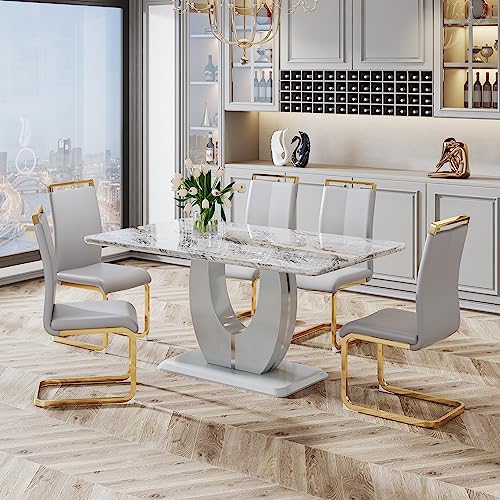 JUFU Modern Dining Table Set for 6,Rectangula Kitchen Table Set with Faux Marble Tabletop&6 Pu Leather Upholstered Chairs Ideal for Dining Room, Kitchen