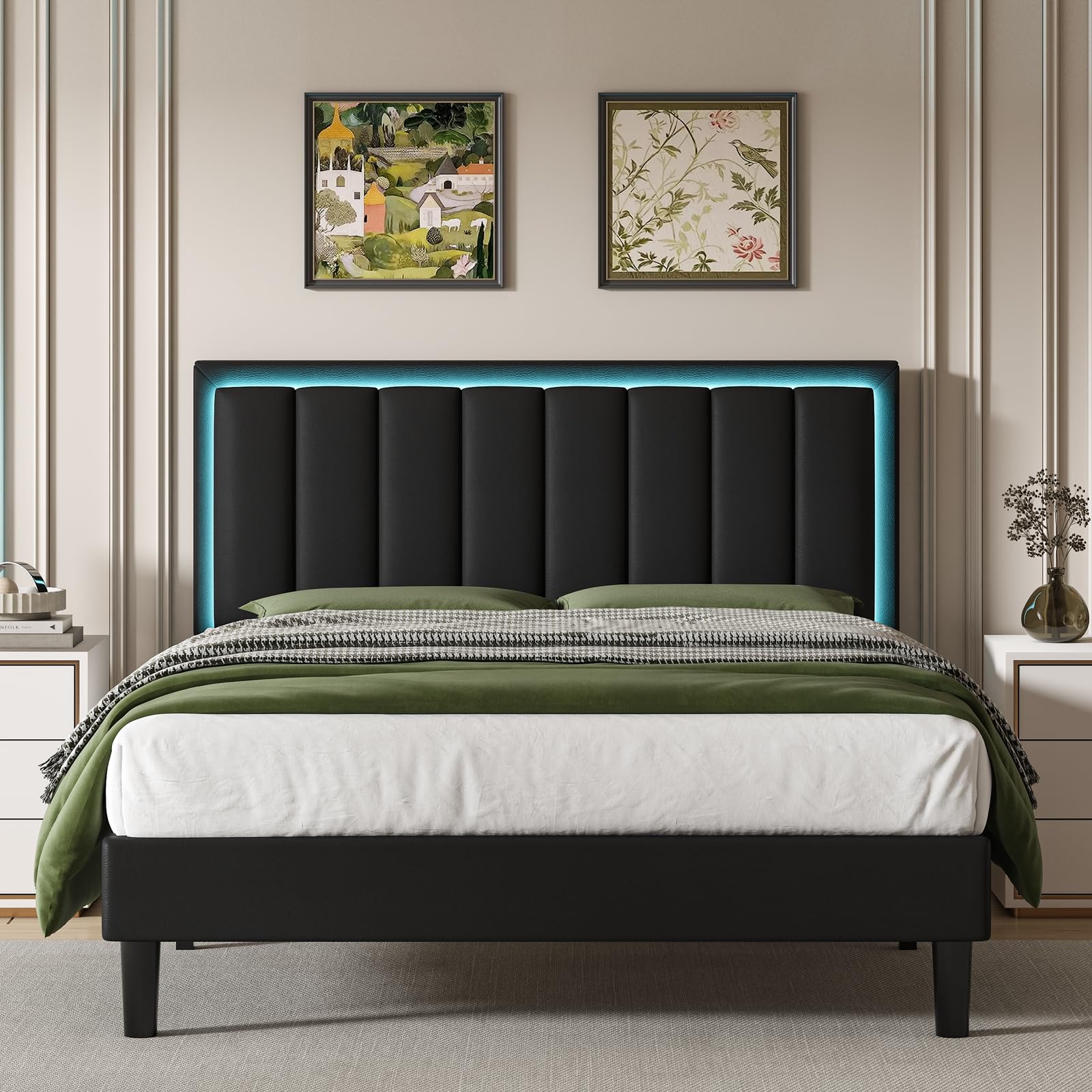 Catrimown Queen Size Bed Frame with LED Lights, Upholstered Platform Bed Frame with Faux Leather Adjustable Headboard, Wood Slat Support, No Box Spring Needed, Easy Assembly, Pink