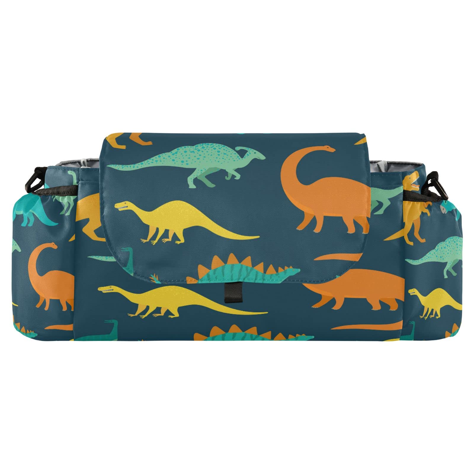 Blueangle Dinosaurs Pattern Stroller Organizer, 2 Cup Holders & Detachable Bag with Shoulder Strap Stroller Bag for Bottle, Diaper, Phone, Toys, Baby Items(370)