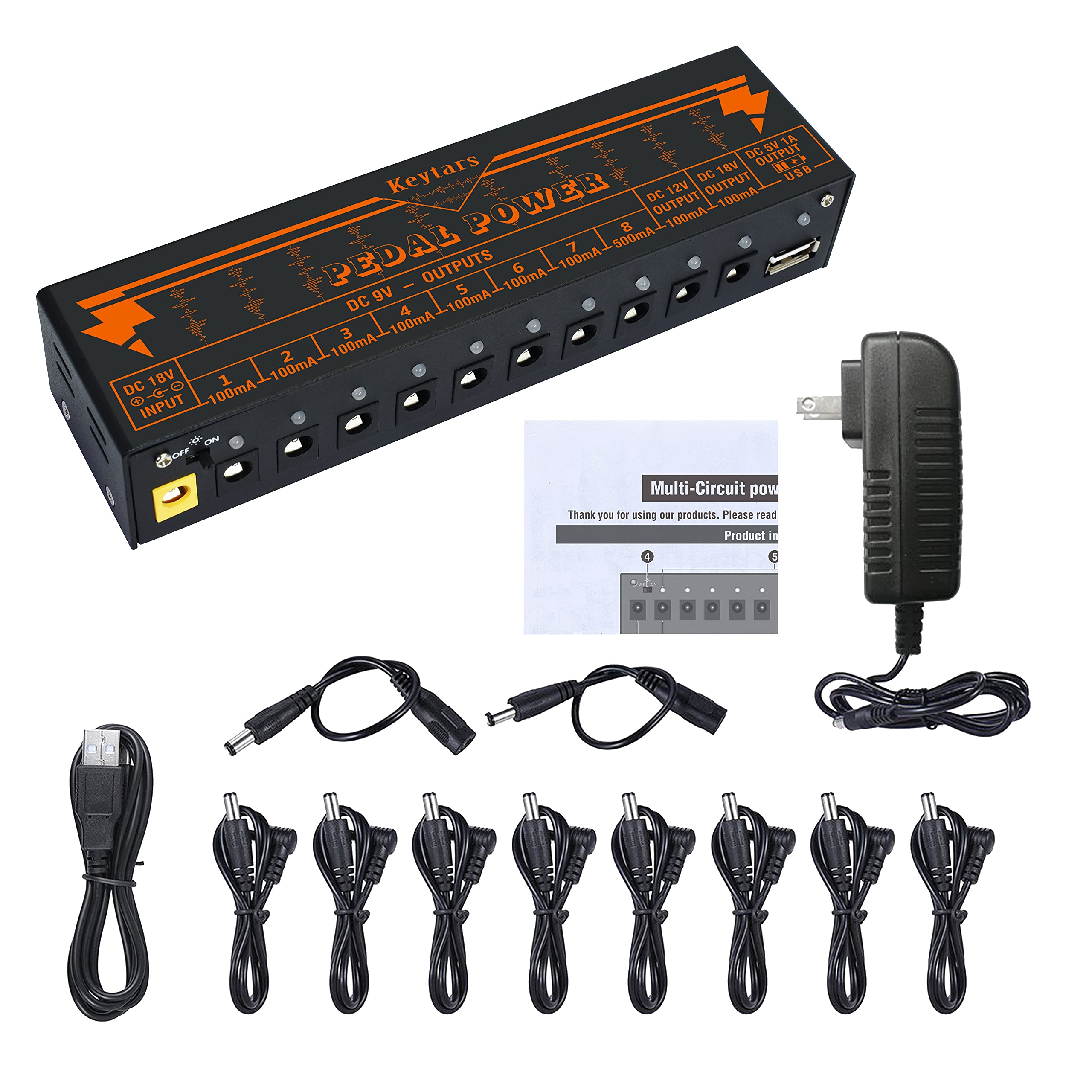 Keytars PW-01 Guitar Pedal Power Supply 10 Isolated DC Output for 9V12V18V Guitar Bass Effect Pedals with USB Charging Port for iPhone iPad Tablet, KTS-PW1