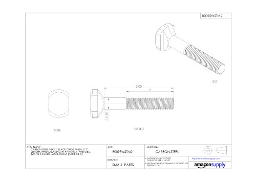 Te-Co 45210 Black Oxide Medium Carbon Steel T-Slot Bolt, 3/8"-16 TPI, 2" Thread Length, 3-1/2" Length, 13/16" x 11/16" x 3/16" Head, 3/8" Table Slot (Pack of 2)