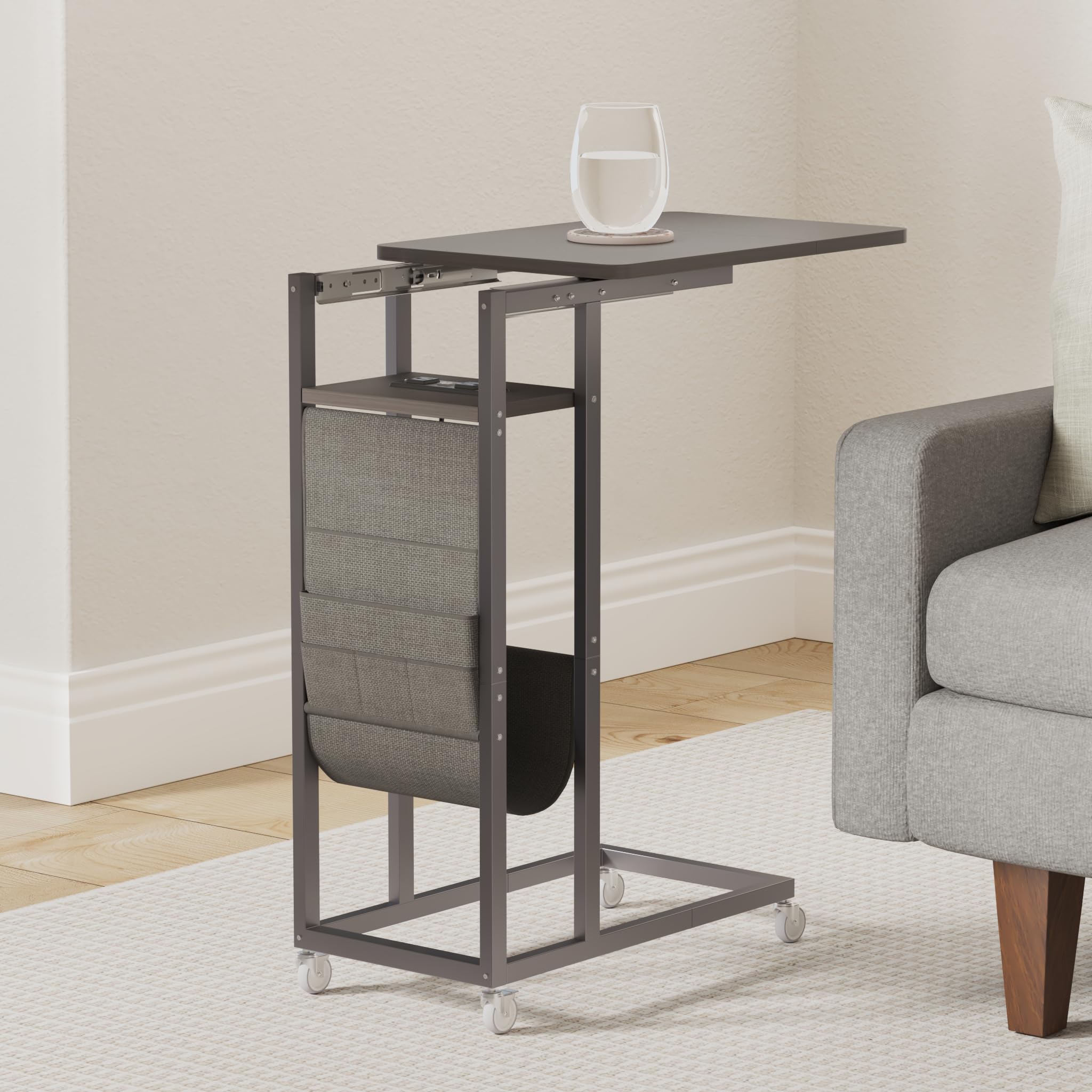 Colima C Shaped Slide Cover End Table with Charging Station, Narrow Sofa Side Table with USB Port and Wheels, Couch Table Bedside Table with Storage Bags for Office Living Room Bedroom Black