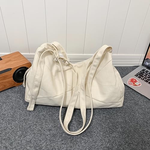 ASIEIT Unisex Canvas Crossbody Bag Wide Adjustable Strap Casual Messenger Bag Versatile Zipper Satchel Bag Large Capacity Foldable Slouchy Travel Bag (White)