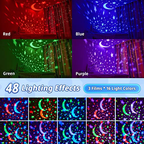One Fire Night Light for Kids, 48 Lighting Modes Star Lights for Bedroom, 360° Rotating+3 Films Baby Night Light Projector, USB Rechargeable Kids Night Lights for Bedroom, Star Lights for Room Decor