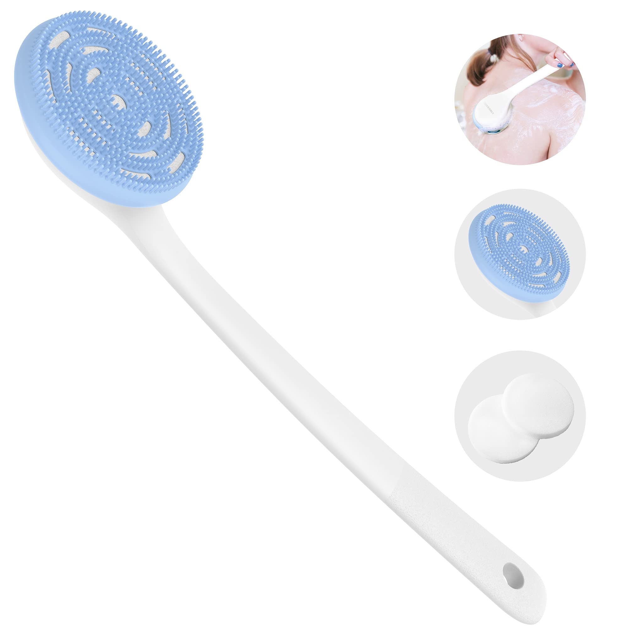 Back Scrubber for Shower, KIWIHOME Back Washer Body Brush, Silicone Body Scrubber with Long Handle Cleans Body Easily for All Skin, 2 Sponges Makes More Bubbles (Blue)