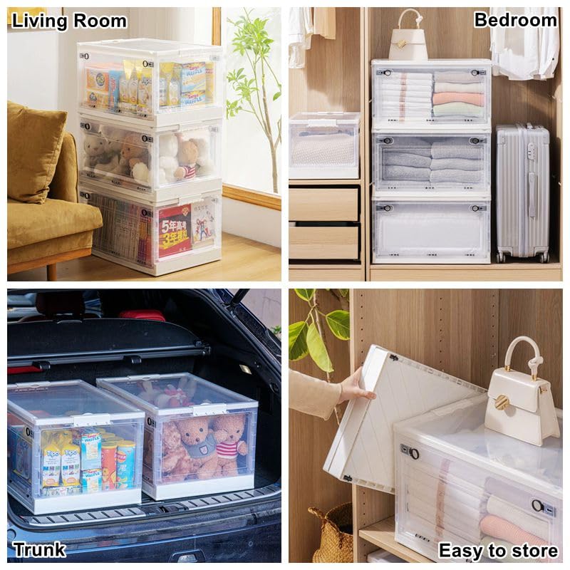 Collapsible Storage Bins with Lids, 50QT Stackable Closet Organizer, 3 Pack Foldable Storage Box with Front and Back Open Doors, Clear Bins for Home, Dorm, Office, Trunk, Wardrobe