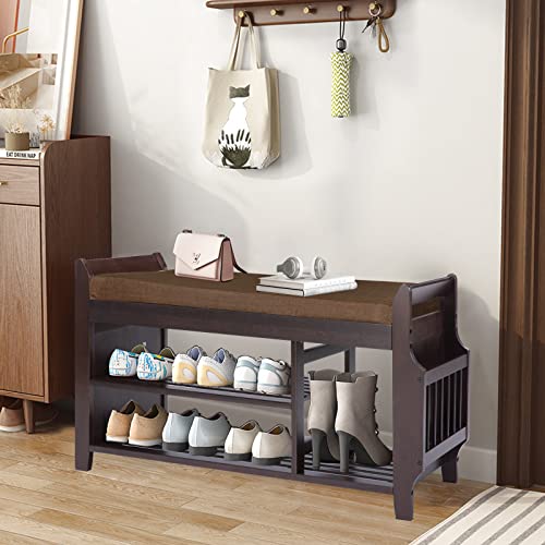 Bamboo Shoe Bench Entryway with Storage,FURFIMU Entryway Bench, Bench with Storage Basket,Bamboo Bench Removable Brown Cushion,2-Tier Entryway Shoe Storage with Umbrella Stand,Living Room or Hallway-L