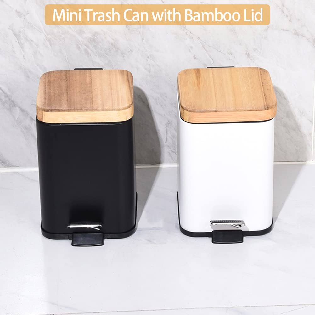 Aupekro Mini Bathroom Trash Can with Bamboo Lid Soft Close, 0.8 Gal / 3 L Square Step Garbage Container Bin with Removable Inner Wastebasket for Bedroom, Kitchen, Office (White)