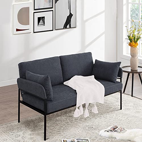 JULYFOX 59 in Wide Sofa Gray, Overstuffed Linen Fabric Couch Metal Frame 400 lbs Heavy Duty Tufted Loveseat Sofa for Small Spaces 2 Toss Pillows Included