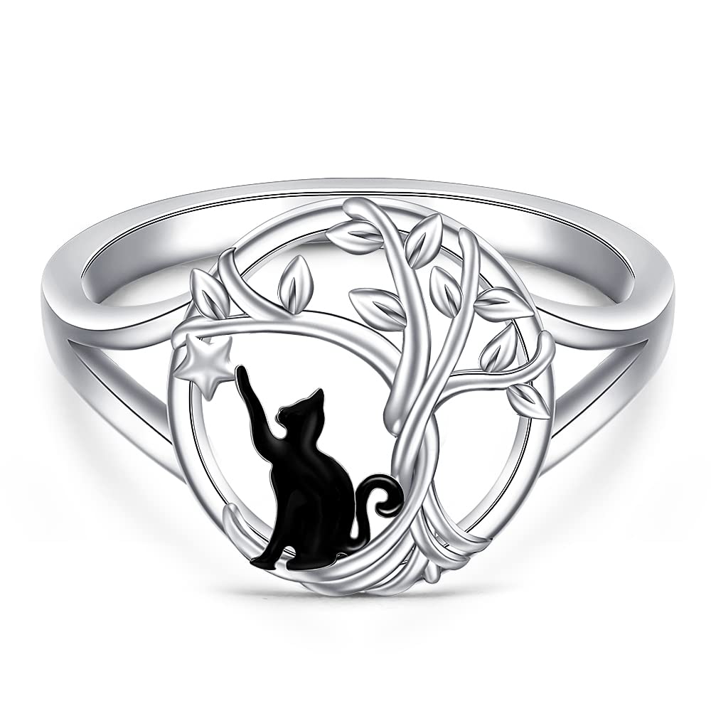 Black Cat Rings for Women Cat Ring Tree of Life Ring Cats Remembrance Black Cats Sterling Silver Family Animal Lovers Jewelry Size 8