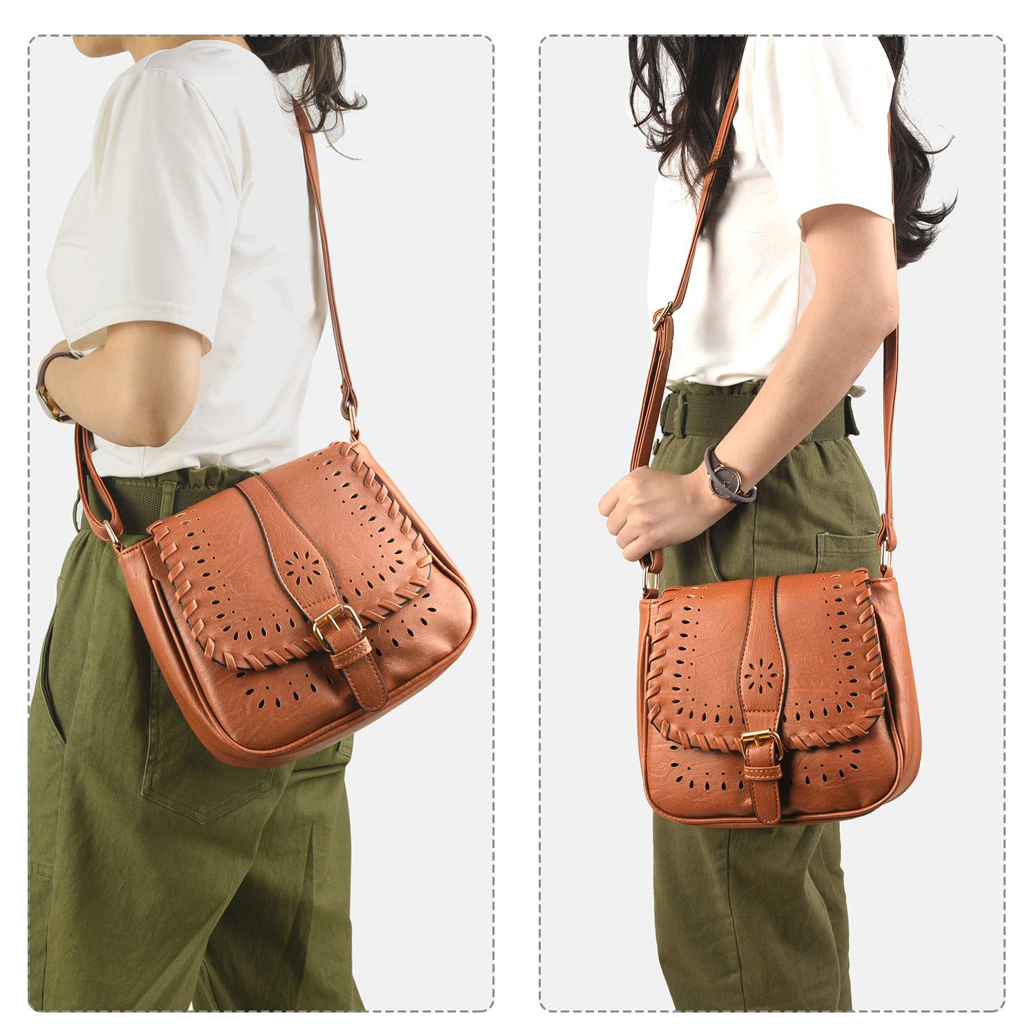 forestfish Ladies' Vintage Hollow Crossbody Bag Shoulder Bag Purse with Adjustable Shoulder Strape, Brown