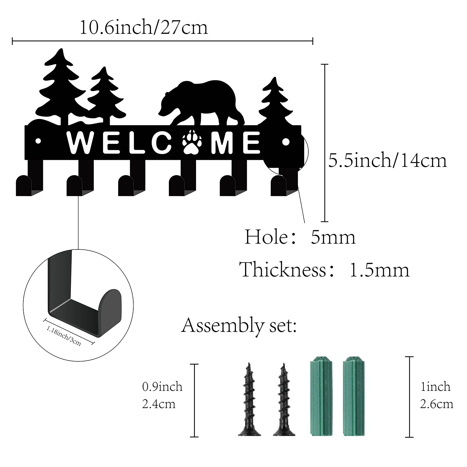 CREATCABIN Metal Key Holder Black Key Hooks Wall Mount Hanger Decor Iron Hanging Organizer Rock Decorative 6 Hooks Welcome Bear for Home Housewarming Gift Entryway Cabinet Hat Towel 10.6 x 5.5inch