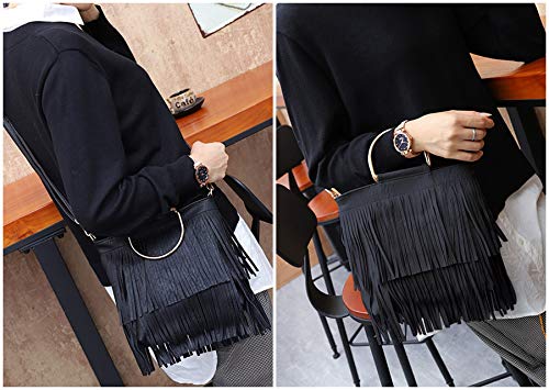 Ayliss Women Fringe Tassel Crossbody Bag Leather Shoulder Bag Hobo Handbag (Black)