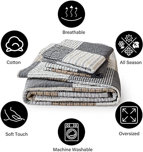 PANGUSHAN Twin Size Quilt Set,100% Cotton Quilt,Patchwork Plaid Quilt Bedding Set Bedspreads,Gray(Grey)/Black/Tan/White/Cream Quilt for Twin Bed,Reversible Lightweight Comforter Bed Set,2 Pieces