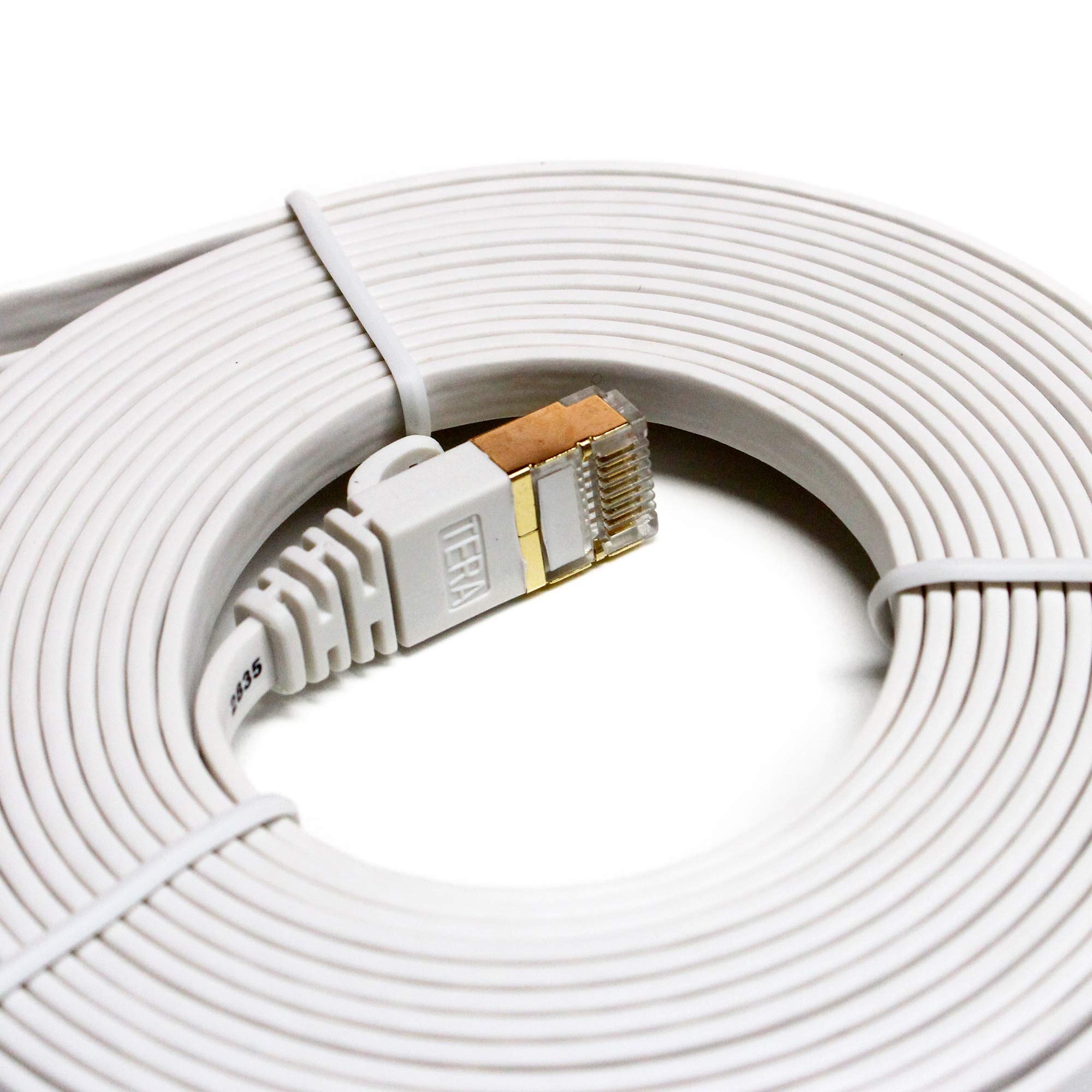 Tera Grand - 12FT - CAT7 10 Gigabit Ethernet Ultra Flat Patch Cable for Modem Router LAN Network, Gold Plated Shielded RJ45 Connectors, Faster Than CAT6a CAT6 CAT5e, White