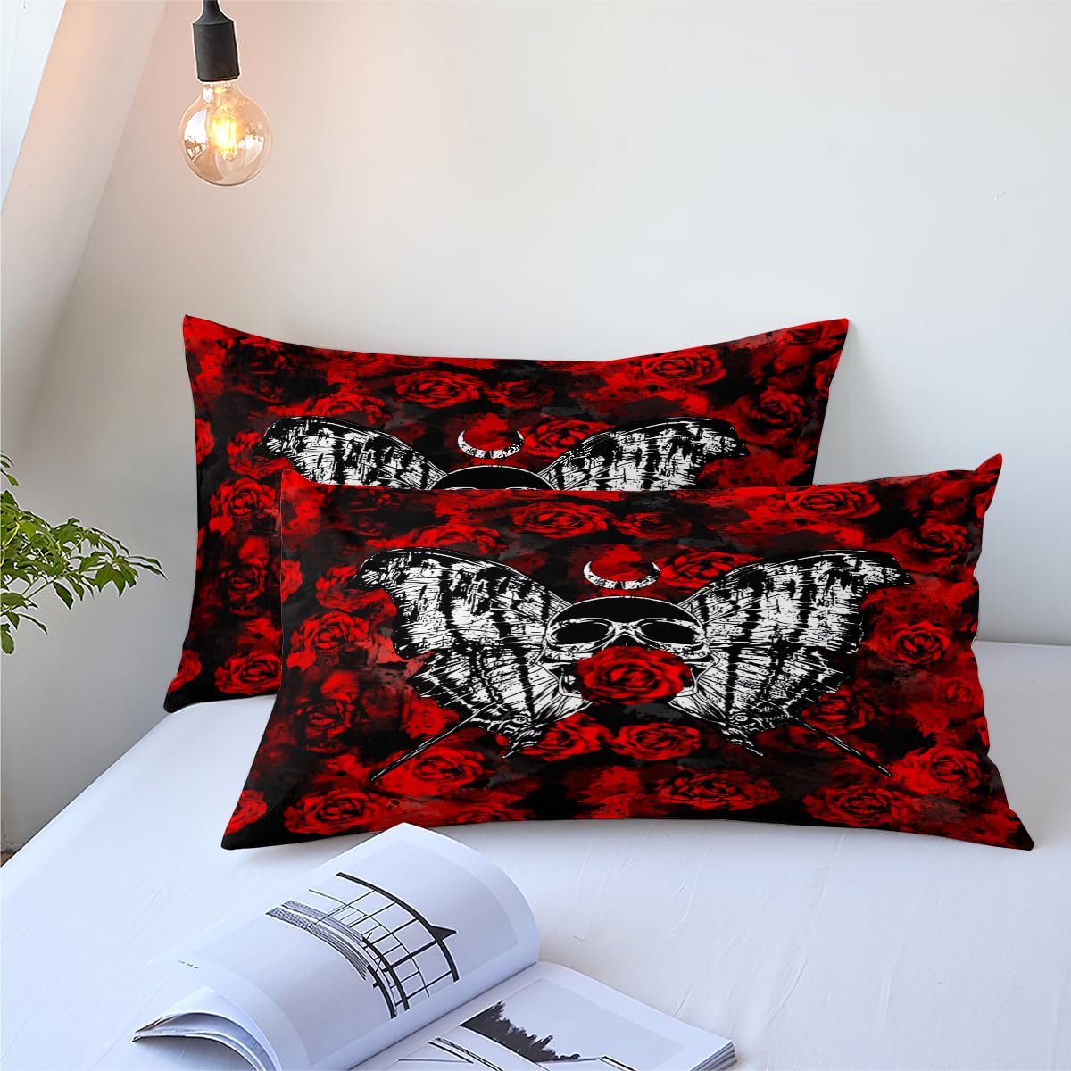 Menkala Red and Black Bedding Sets Queen Moth Duvet Cover Red Rose Bedding Black and White Floral Comforter Cover Room Decor 3Pcs for Women 3Pcs with 2 Pillowcases (Without Comforter)