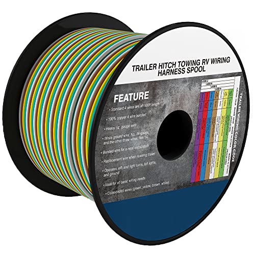 GOGOONE 14 Gauge 100FT 4-Way Trailer Towing Wiring Harness Bonded Wire Spool, 4-Wire Replacement Trailer Wire, Ideal for All Basic Wiring Needs Boat Marine Vehicle