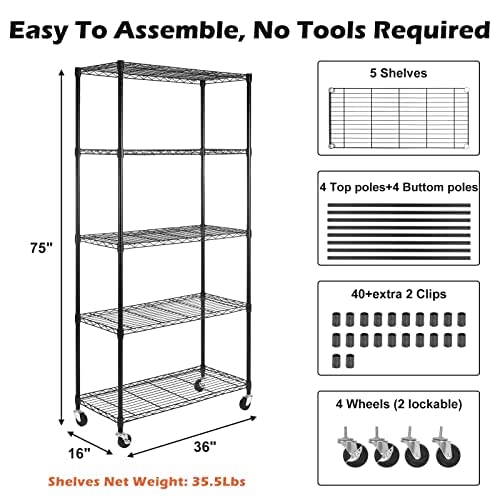 WDT 5-Shelf Shelving Storage Units on Wheels Casters, Adjustable Heavy Duty Metal Shelf Wire Storage Rack for Home Office Garage Kitchen Bathroom Metal Rack (16”Wx36”Dx75”H), Black