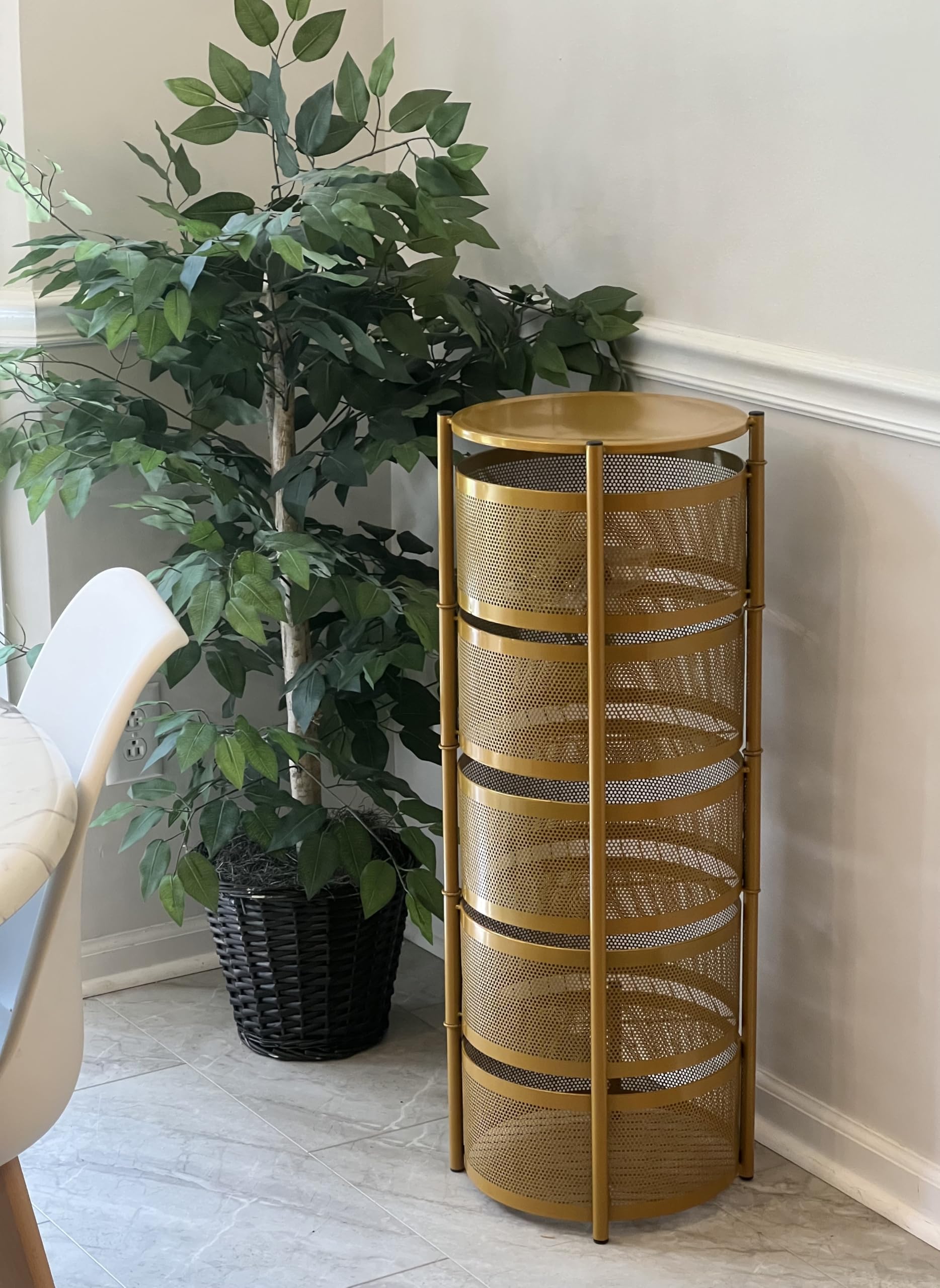 H&H Supply 5 Tier Rotating Storage Kitchen Cart Organizer Metal Vegetable Fruit Basket Rotating Shelves for Kitchen Dorm Office Bathroom Matte Yellow Gold Lightweight