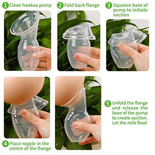 haakaa Manual Breast Pump Breastfeeding Pump 4oz/100ml+Lid Food Grade Silicone Bundle with Ladybug Silicone Milk Collector 2pk