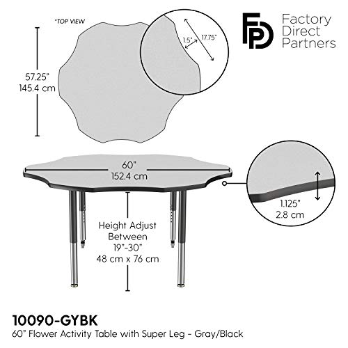 Factory Direct Partners 10091-GYBL Mobile Flower Activity School and Office Table (60"), Super Legs with Glides and Casters, Adjustable Height 19-30" - Gray Top and Black Edge