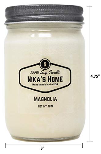 Nika's Home Magnolia Soy Candle 12oz Mason Jar Non-Toxic White Soy Handmade, Long Burning 50-60 Hours Highly Scented All Natural, Clean Burning Large Candle Gift Décor