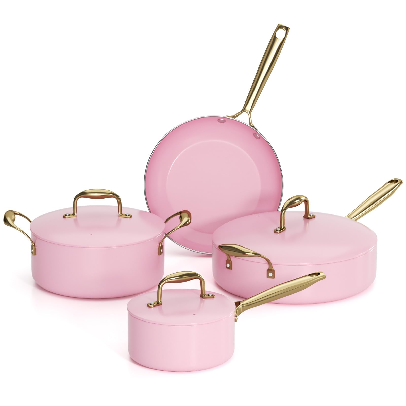 Nonstick Pots and Pans Set,Pink Nonstick Cookware Sets, Pans Cooking Set 7 Pcs Non Stick Cooking Set w/Frying Pans & Saucepans Non-toxic Kitchen Cooking Set Compatible With All Cooktops