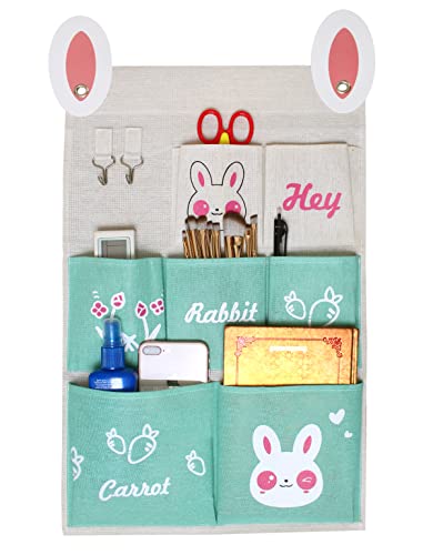 KINGREE 2PCS Wall Closet Hanging Storage Bag with Hooks Premium Linen Fabric Over The Door Organizer, Hanging Storage Pouches with 3 Pockets and 7 Pockets for Bedroom Bathroom (Rabbit)