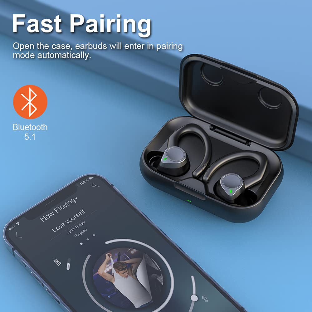 APEKX Wireless Earphone Bluetooth 5.1 Deep Bass Headphones with Microphone Over-Ear Earhook Design Headset for Sports Exercise Running Workout Black