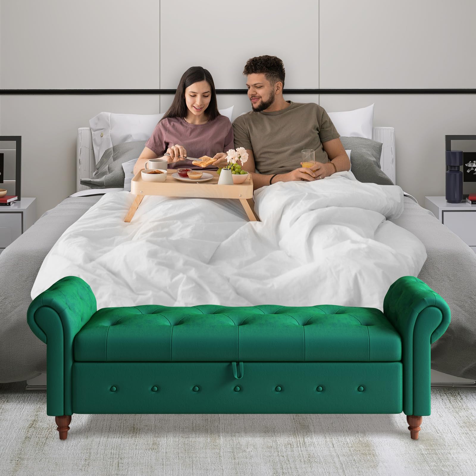 ayoodfo Storage Bench for Bedroom End of Bed, 63" Button Tufted Ottoman Bench, Rolled Armed Couch Long Bench Upholstered Window Bench for Bedroom, Living Room, Entryway, Dark Green
