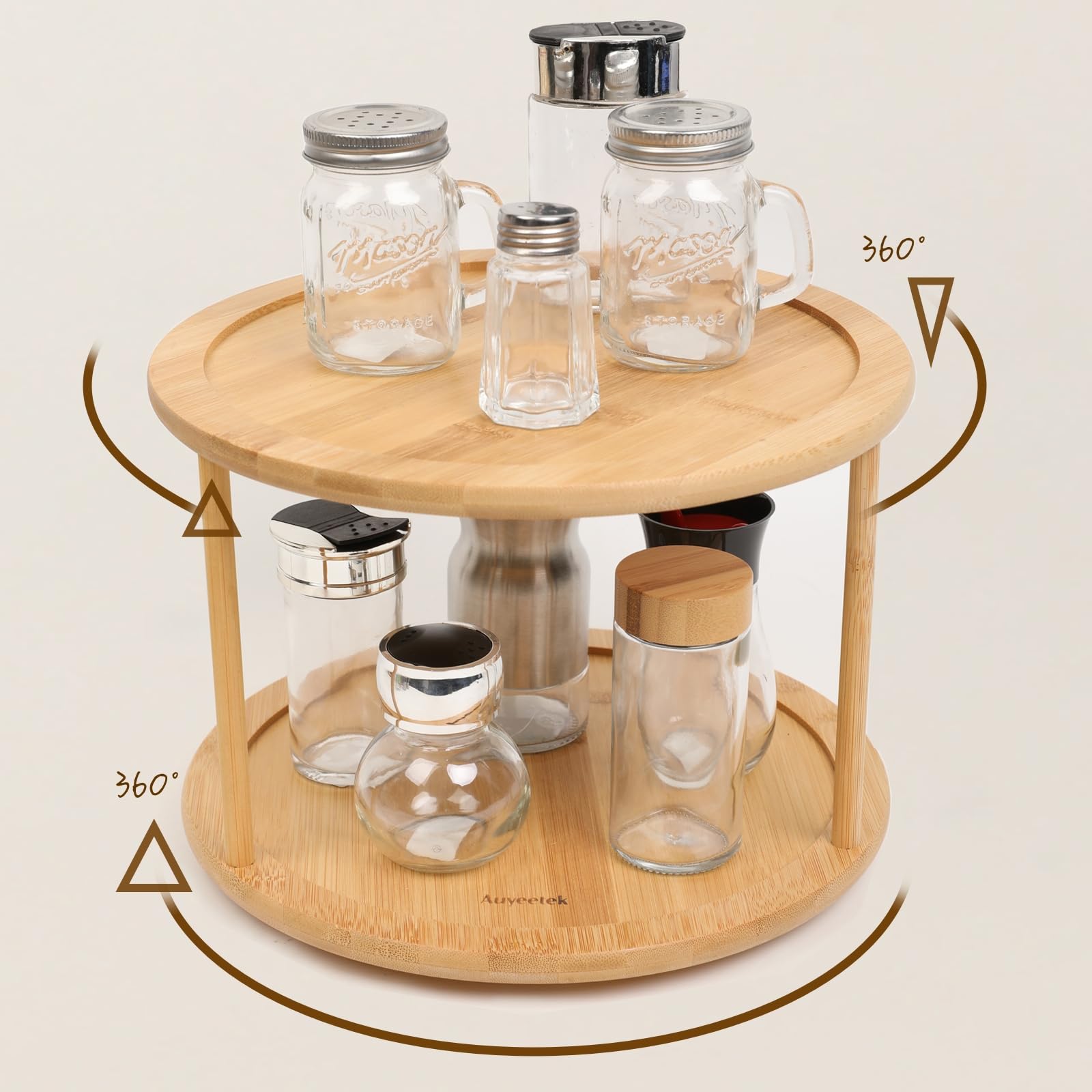 Auyeetek 2 Tier Bamboo Lazy Susan 10.5 inch Turntable Organizer Kitchen Spice Spinner Wooden Round Tray Countertop Storage for Cabinet Pantry Bathroom Dining Table Refrigerator,2 Sizes Brackets