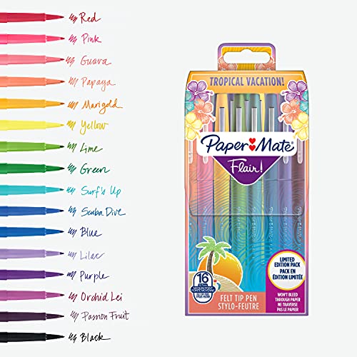 Paper Mate Flair Felt Tip Pens | Medium Point (0.7mm) | Assorted Tropical Vacation Colours | 16 Count Pouch