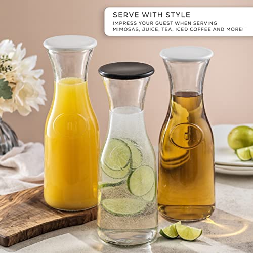 JoyJolt Glass Carafe with Lids. 3 Glass Carafes for Mimosa Bar 36 oz Capacity. 6 Lids! Brunch Decorations, Bedside Water Carafe, Orange Juice Container, Catering Drink Carafes & Pitchers for Parties