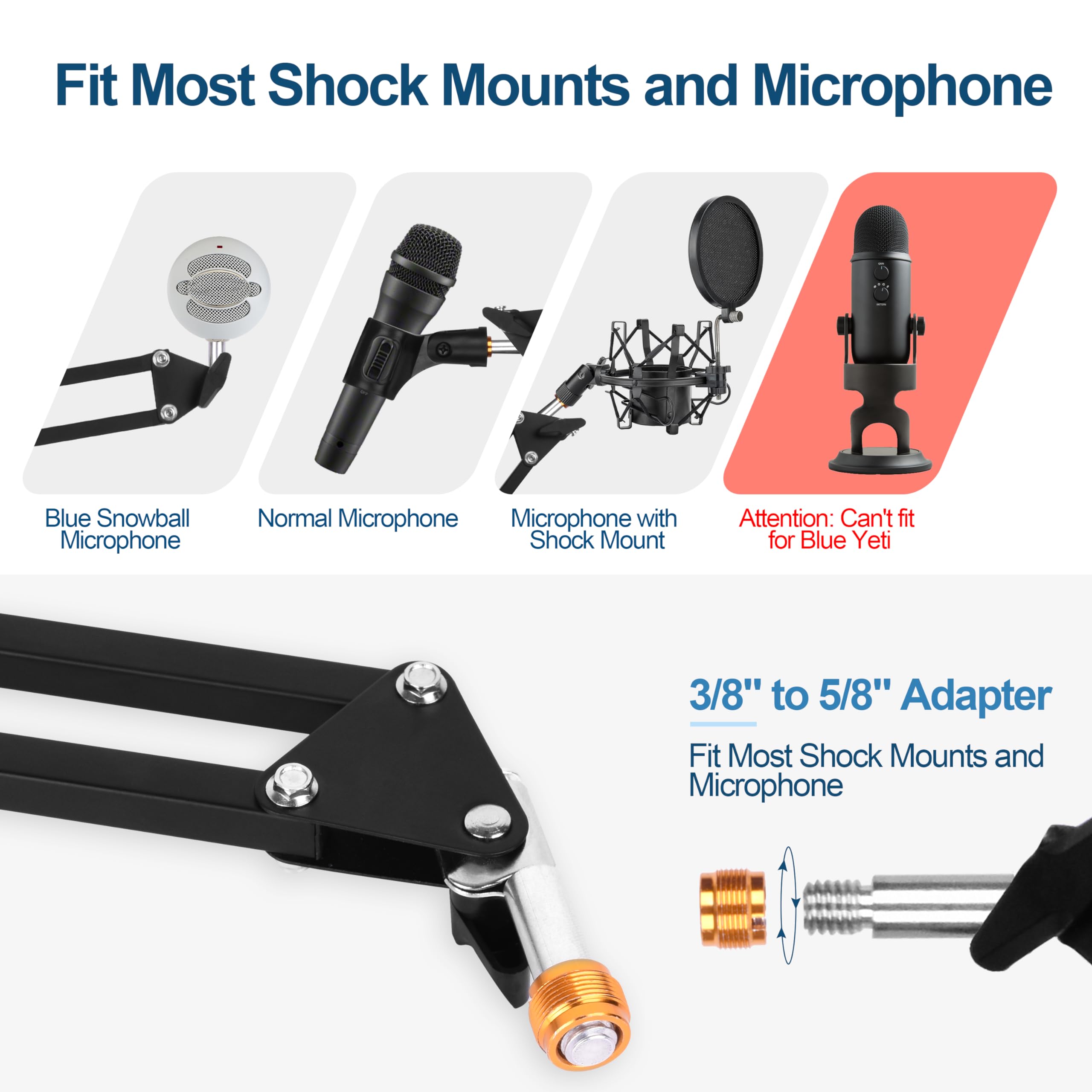 OUKMIC Microphone Arm Stand, Mic Scissor Arm Adjustable Suspension Boom with Mic Clip and 5 Velcro Cable Ties, Heavy Duty Stand for Blue Yeti Nano Snowball Ice, Recording Gaming Streaming Karaoke
