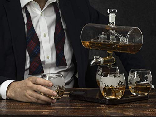 Whiskey & Wine Decanter Gifts for Men & Dad, Ship Decanter 1000ml, Set with 4 Globe Drinking Glasses - Cool Liquor Dispenser for Home Bar Unique Birthday Gift Ideas from Wife, Daughter, Son Present