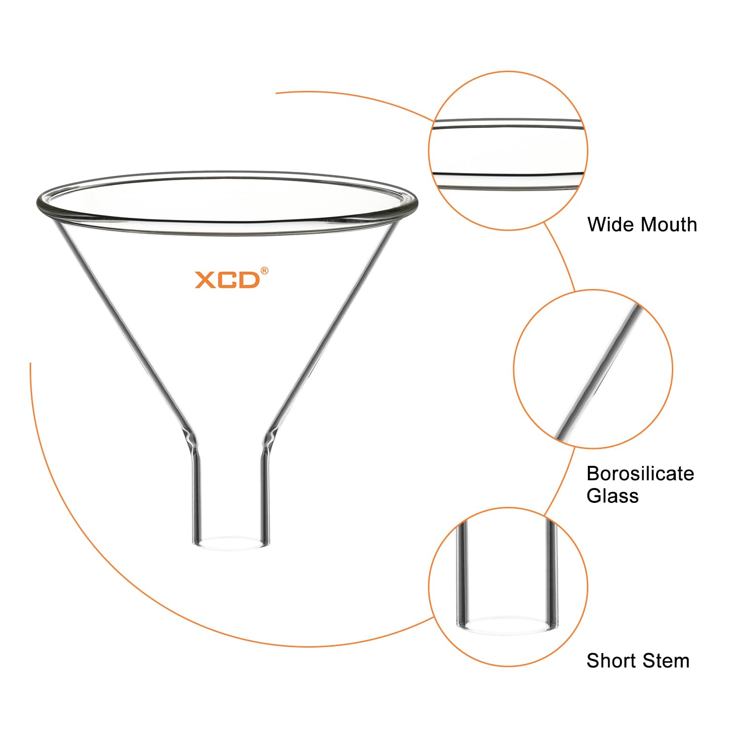 XCD Glass Powder Funnel, Borosilicate Glass Heavy Wall Short Stem Funnel with 120 mm Top Diameter and 22 mm Stem Diameter for Precise Powder Transfers in Laboratory