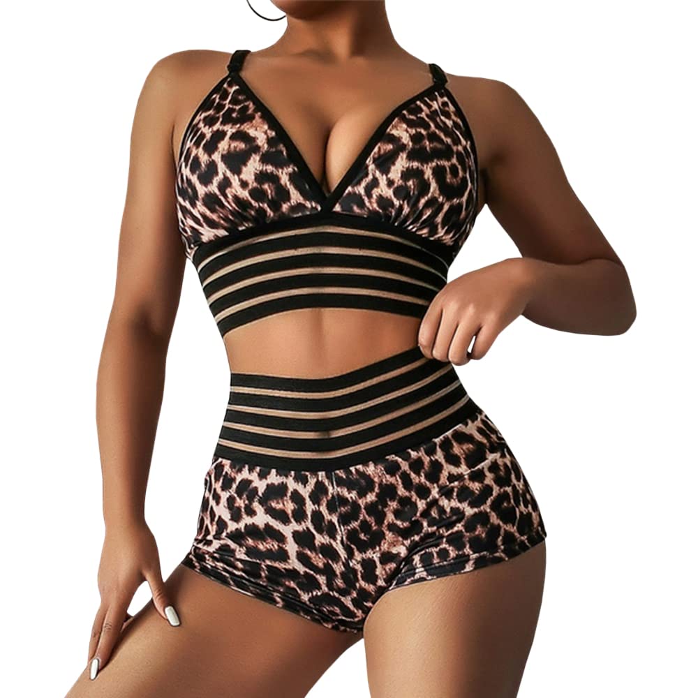 Aurgelmir Womens Leopard Print Workout Yoga Shorts Booty High Waisted Athletic Gym Scrunch Ruched Spandex Running Shorts Brown