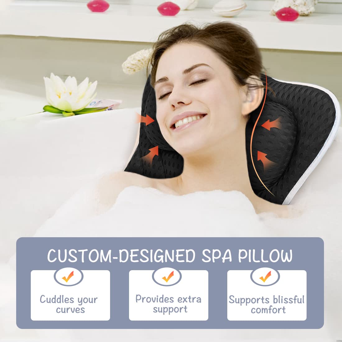 Bath Pillow for Tub, CielClair Bathtub Pillow Headrest, Ultra Thick Ergonomic Spa Pillow with Neck Shoulder Back Support, 4D Air Mesh Bathtub Cushion with 6 Non-Slip Suction Cups for Soaking Tub, Gray