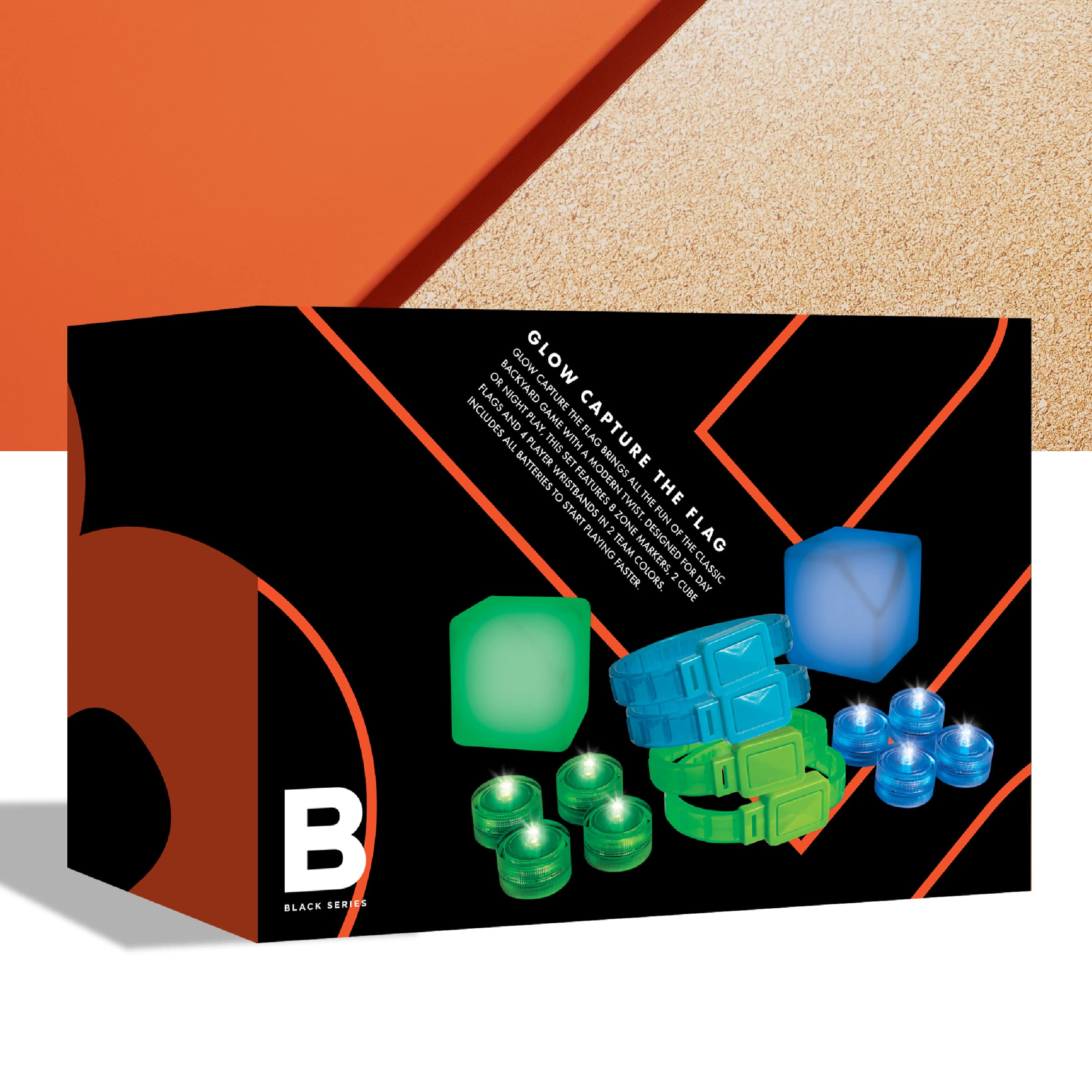 Black Series Capture The Flag LED Glow Set, 4-Player Kit, Two Teams, 4 Wristbands, 2 Cube Flags, 8 Zone Markers, Fun Outdoor Game for Day Or Night