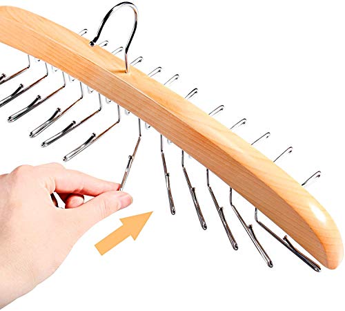 Tie Rack Hanger for Closet, Ohuhu Wooden Tie Organizer 360 Degree Rotating Tie Holder with 24 Folding Hooks, Tie and Belt Storage for Men Neckties Belts Scarves Tank Tops Accessories, 2 Pack