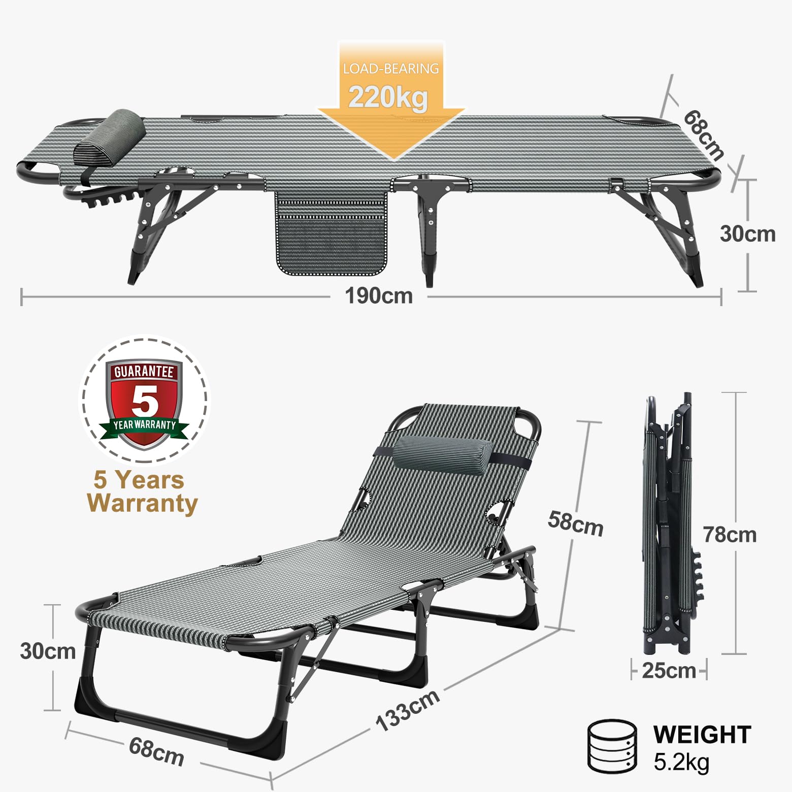 MOPHOTO Folding Lounge Chair 5-Position, Folding Cot, Portable Outdoor Folding Chaise Lounge Chair for Sun Tanning, Perfect for Pool Beach Patio Sunbathing
