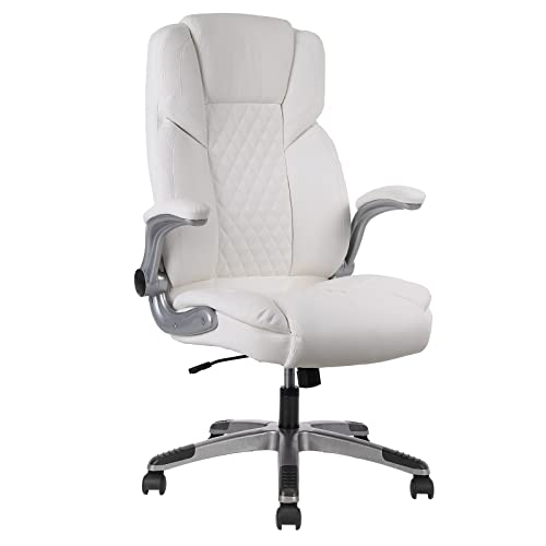 Managerial and Executive Office Chair,Ergonomic White PU Leather Office Desk Chair,Diamond Stitched High Back Swivel Task Chair with Rocking Function,Adjustable Flip-up Armrests Computer Chair