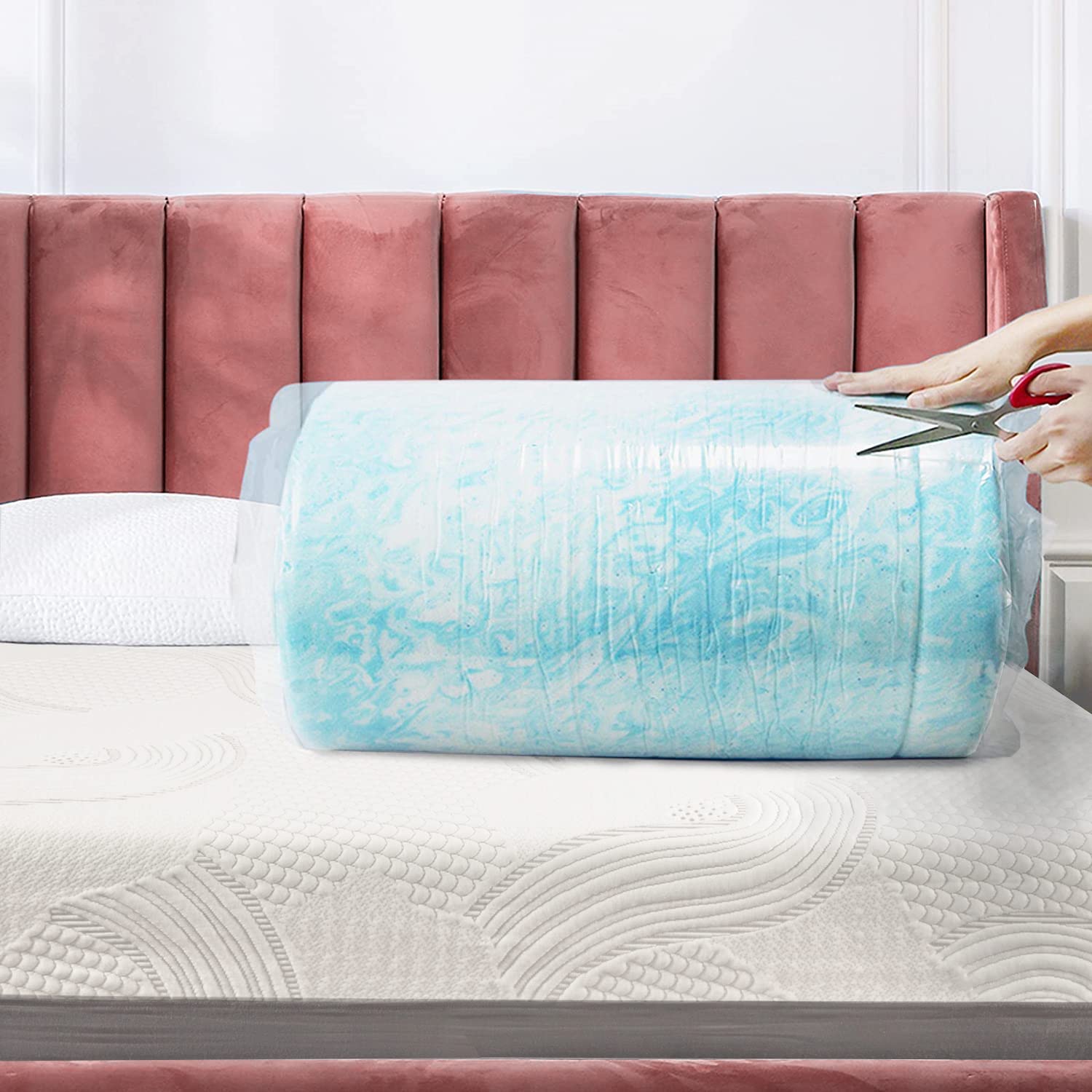 Irvine Home Collection King Size 3'' Swirl Cooling Gel Infused Memory Foam Mattress Topper, CertiPUR-US, Breathable, Plush, Pressure Relief, Blue, MTKing